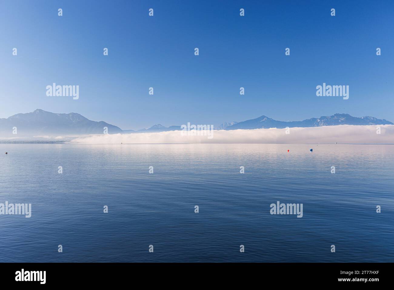 wall of fog in sunshine over southern lake in front of Kampenwand ...