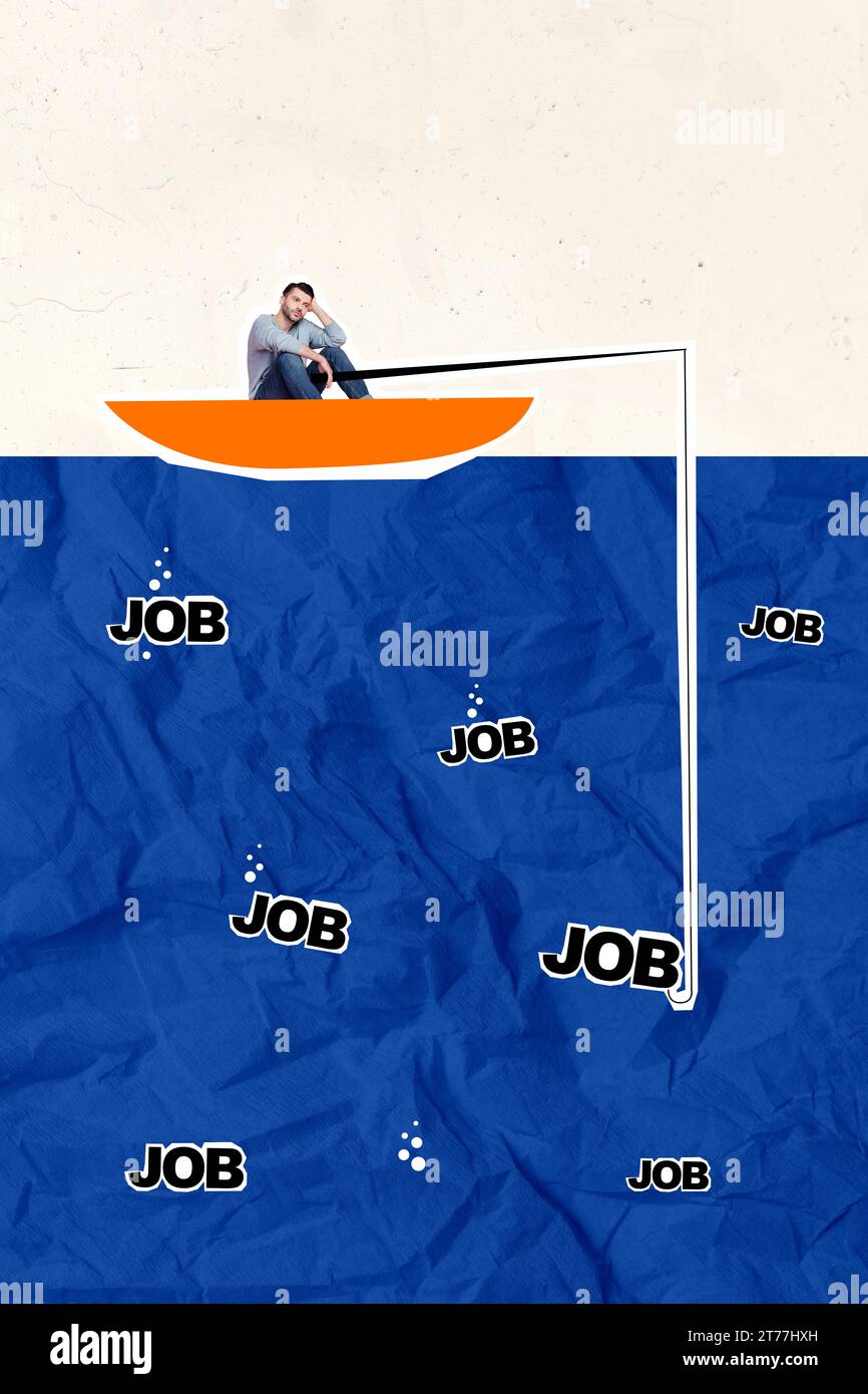 Vertical creative collage image of sad man fishing sit boat river water ...