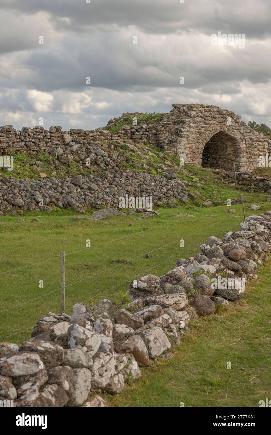 stone wall with ruine Graborg, Sweden, Oeland Stock Photo - Alamy