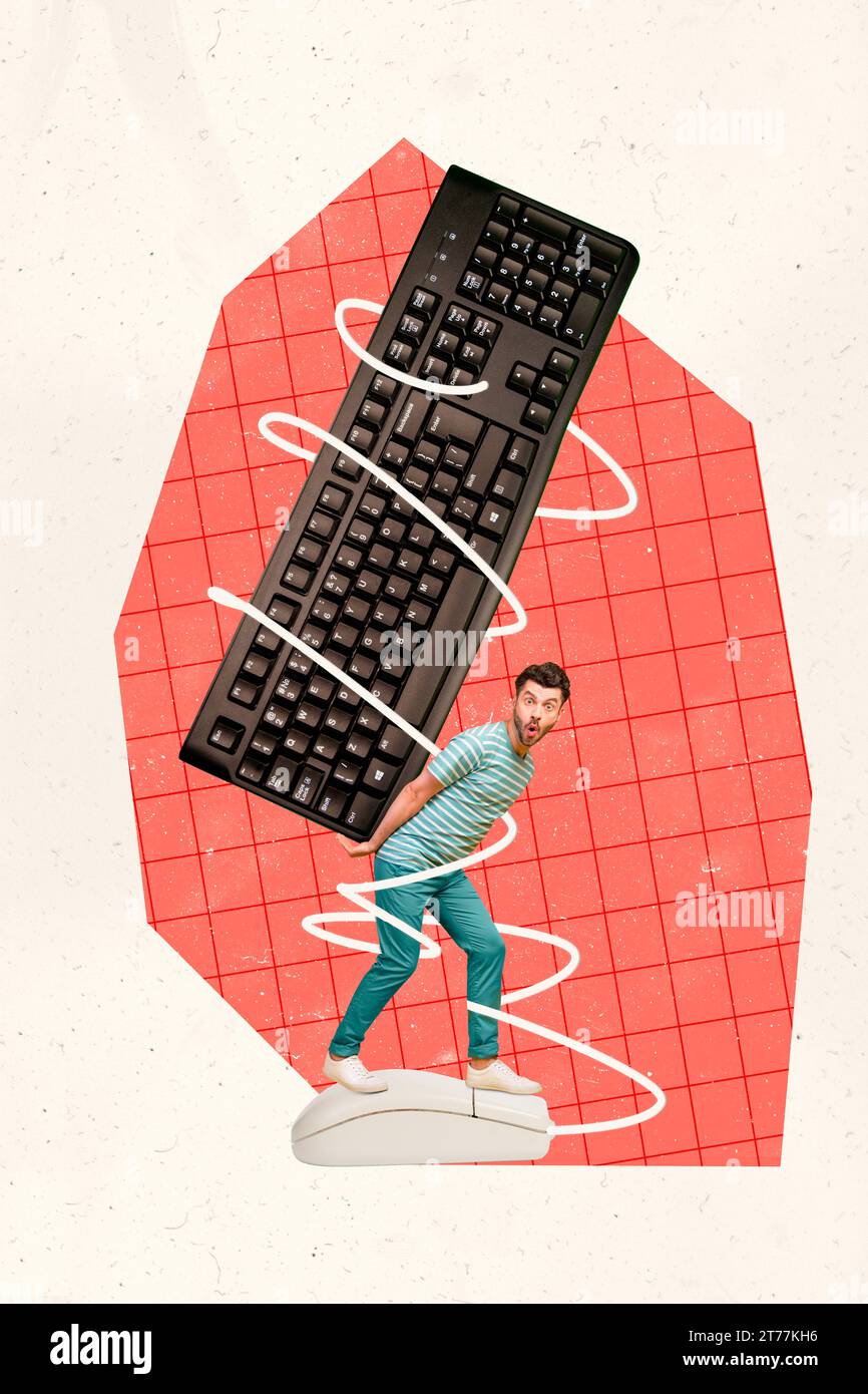 Vertical collage image of crazy impressed guy stand wired mouse arms hold huge keyboard isolated ...