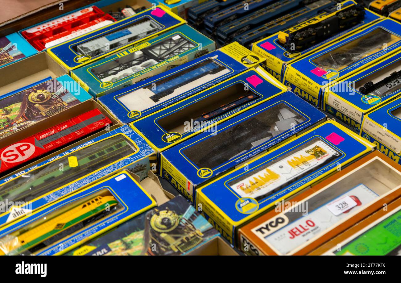 Display model train railway set boxes at auction, UK Stock Photo - Alamy