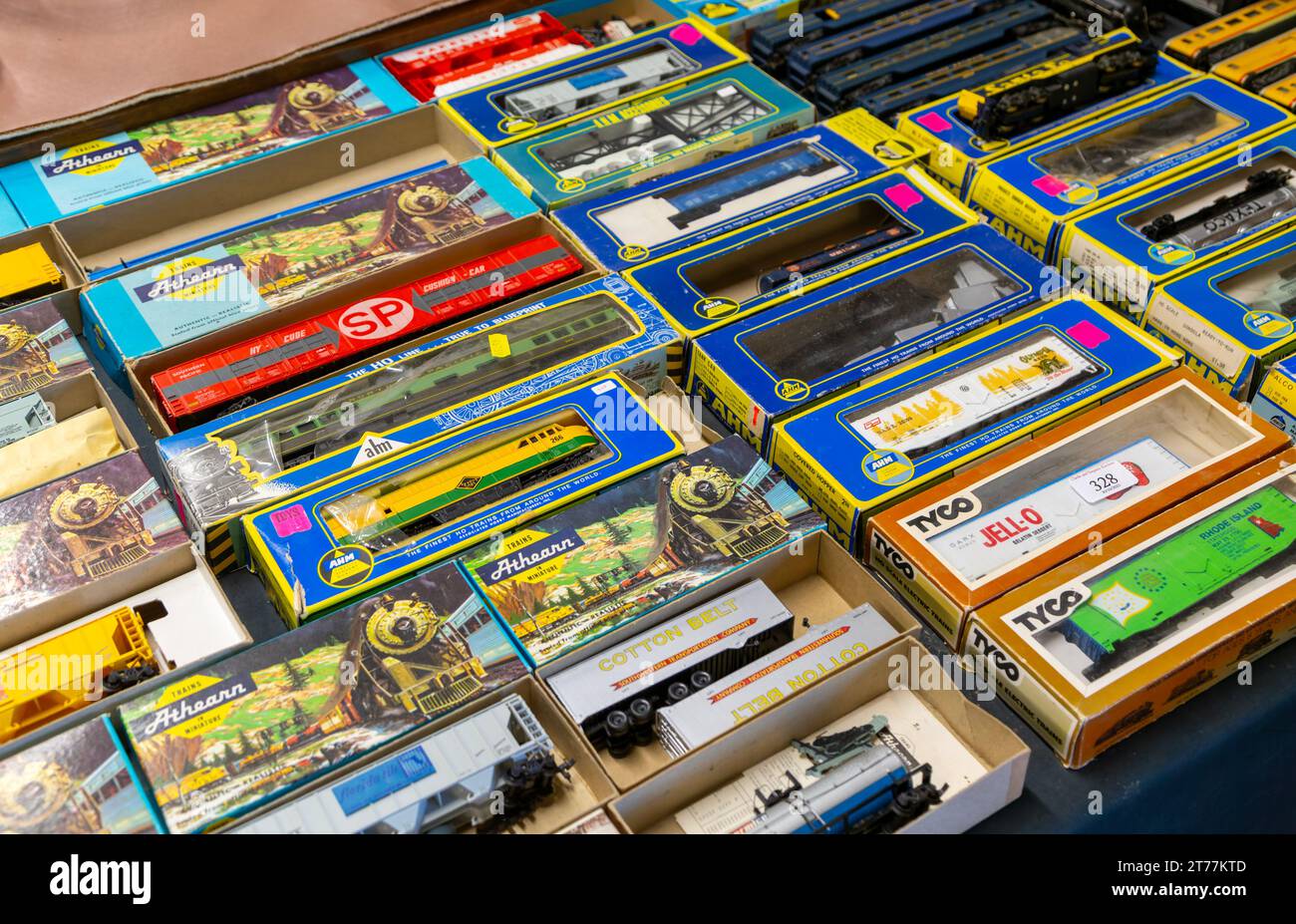 Display model train railway set boxes at auction, UK Stock Photo - Alamy