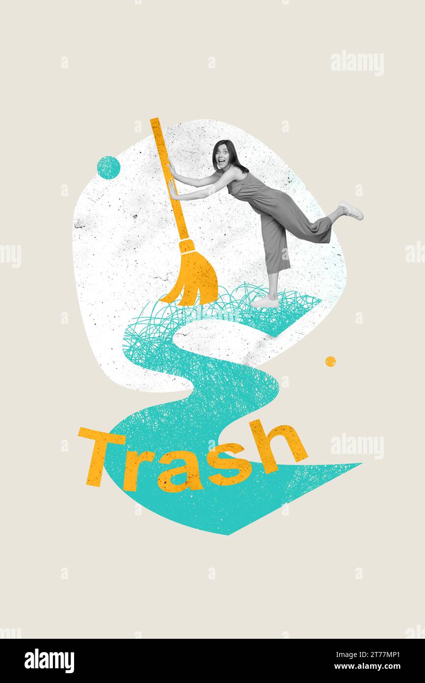 Vertical creative collage image of excited female cleaner sweeping ...