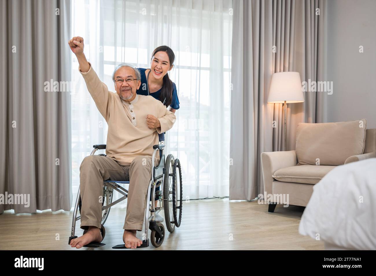 doctor pushing wheelchair and run elderly disabled patient freedom ...