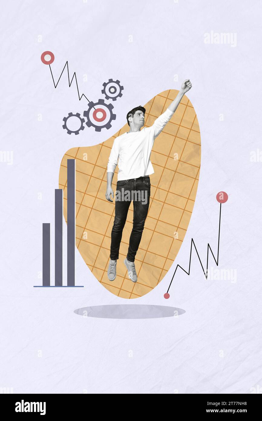 Vertical collage image of black white effect guy raise fist flying ...