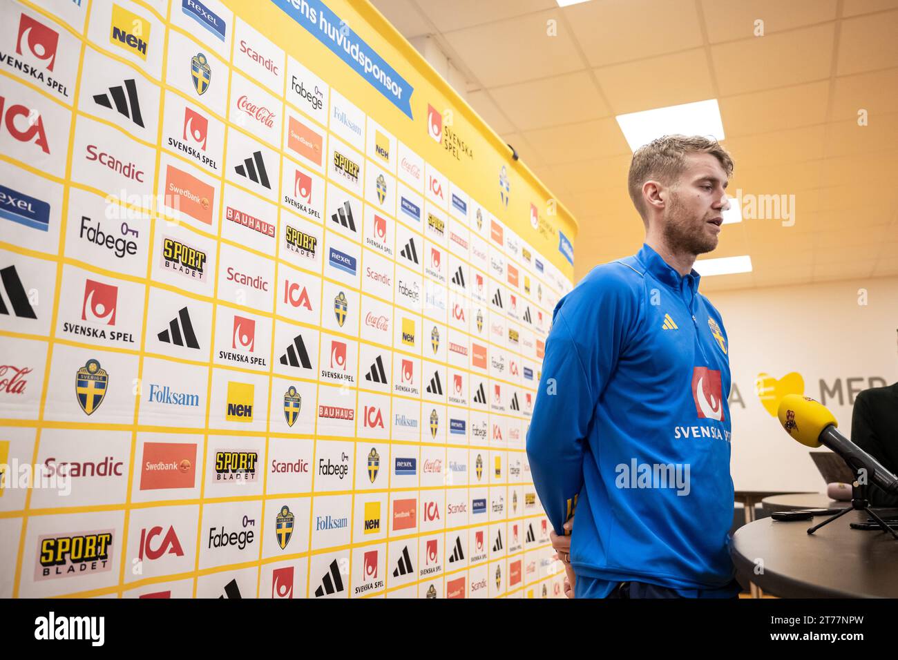Linus Wahlqvis of the Swedish national football team in a mixed zone on ...