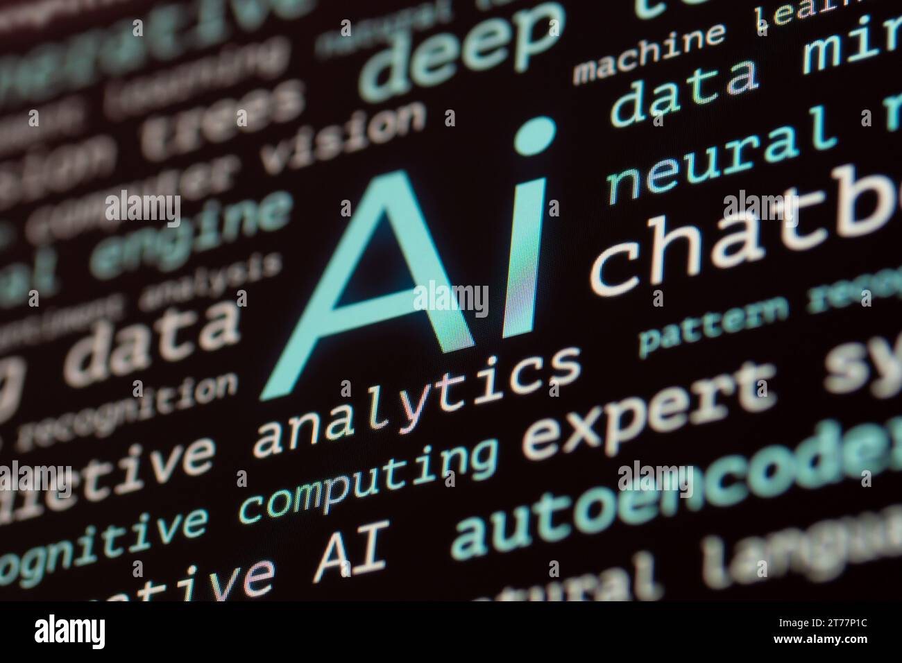 Photo of computer monitor showing clouds of AI tags. Concept of modern ...