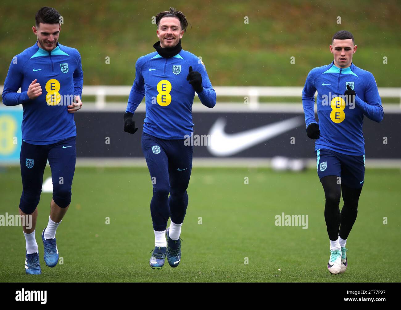 England's Declan Rice, Jack Grealish and Phil Foden during a training ...
