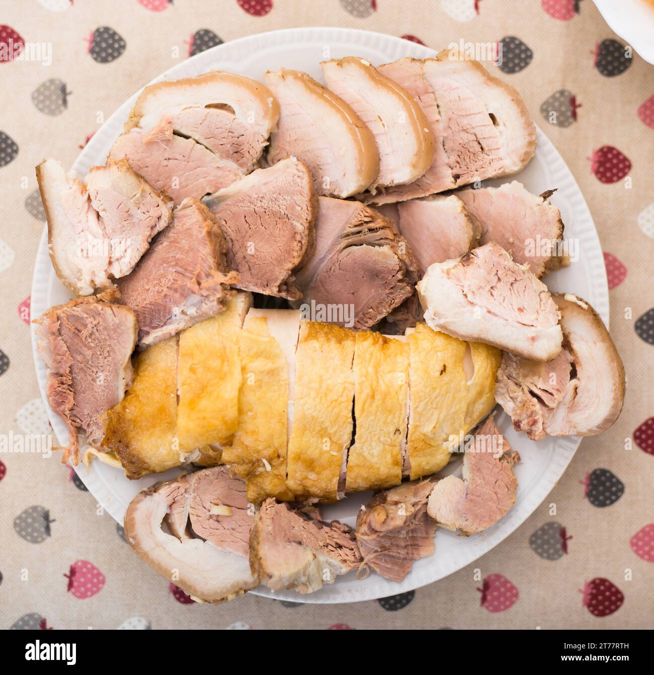 Cold cuts of different types of cooked meat on plate. top view Stock ...