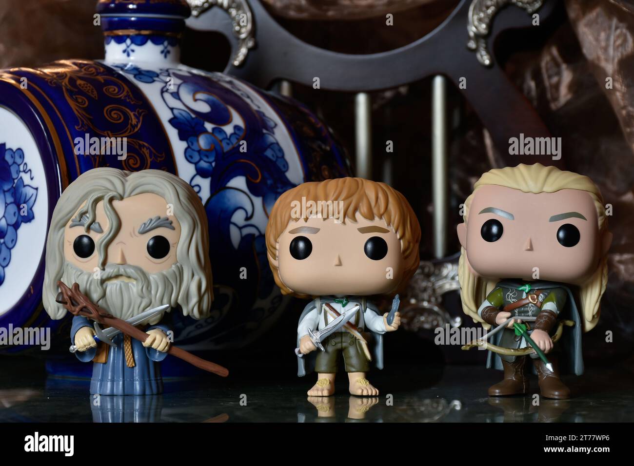 Funko Pop action figures of wizard Gandalf the Grey, hobbit Sam and elf ...