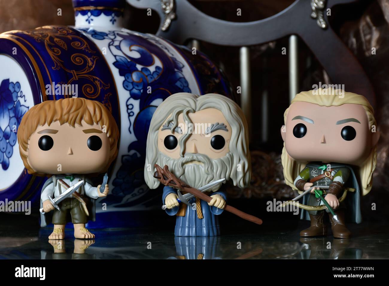 Funko Pop action figures of hobbit Sam, wizard Gandalf and elf Legolas ...