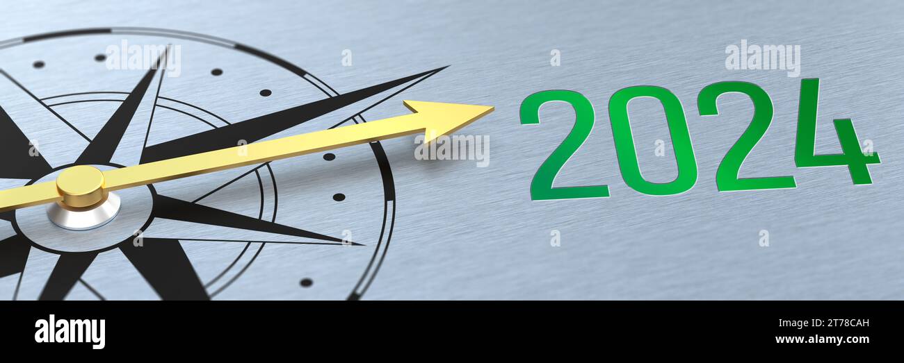 Compass needle pointing to the text Changes coming in 2024 - 3d render ...