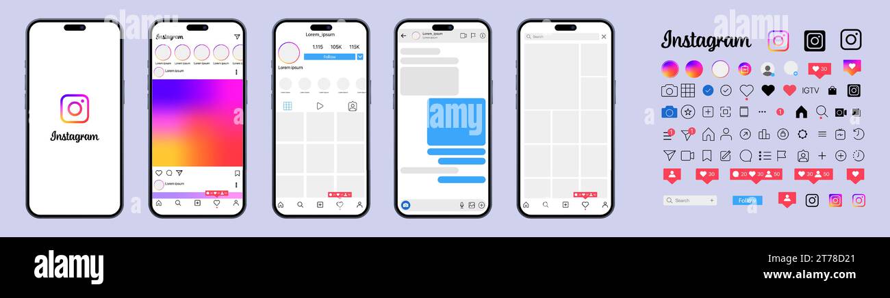 Instagram design. Set screen social media and network interface ...