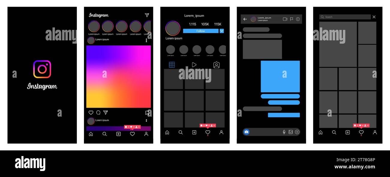 Instagram design. Set screen social media and network interface ...