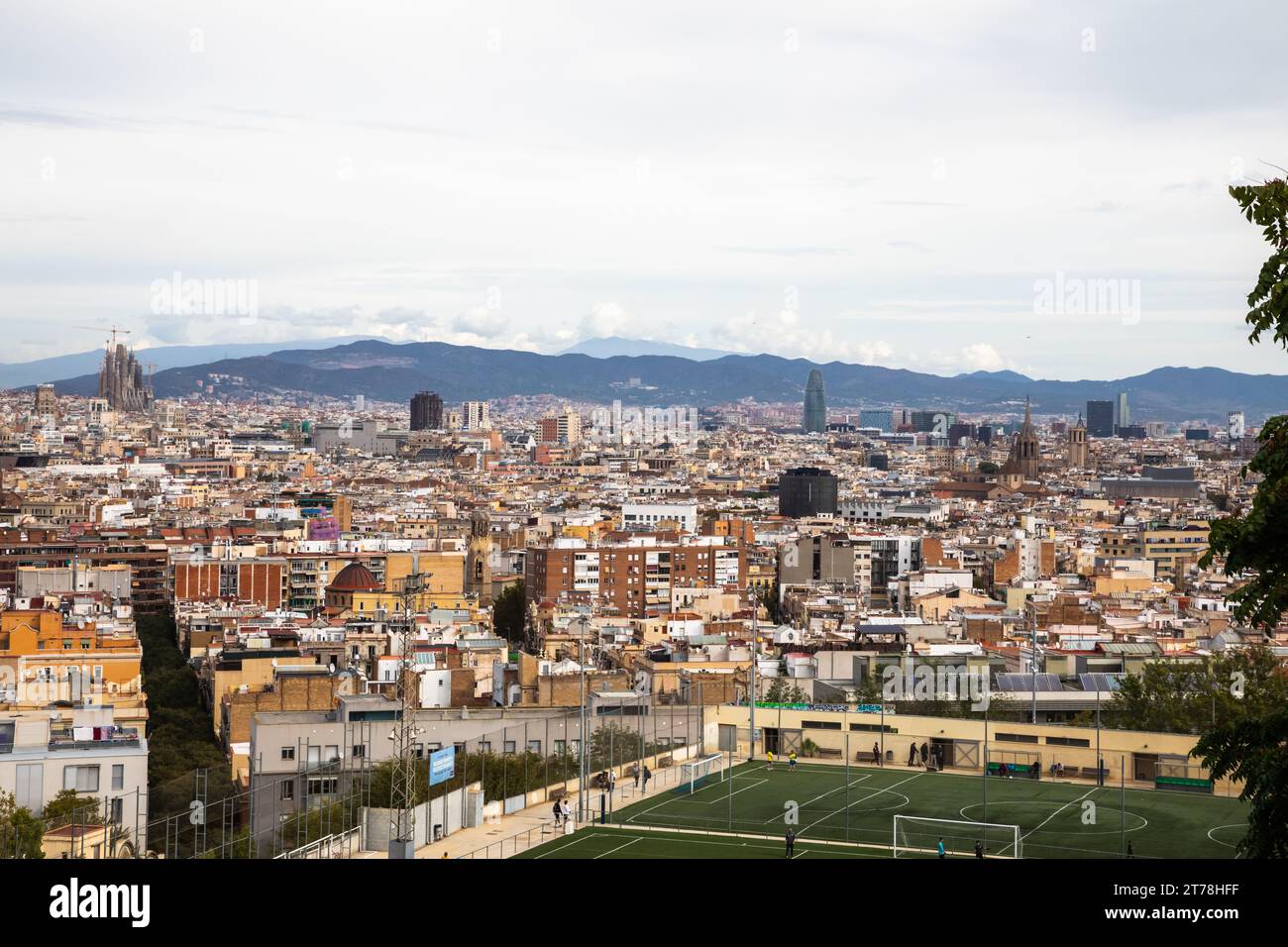 View across Barcelona from the top of The Funicular railway Montjuïc ...