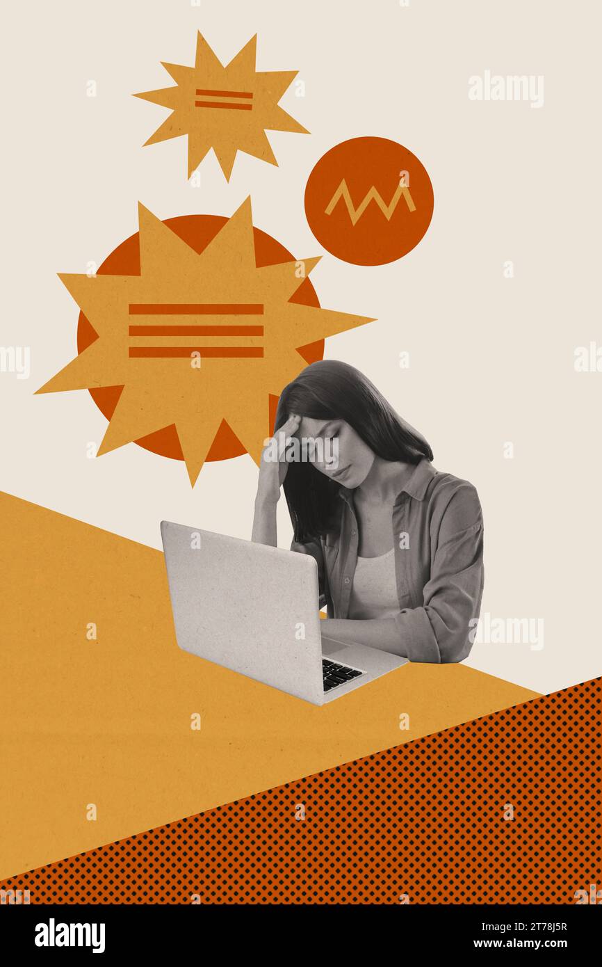 Image poster collage of tired woman sitting office working hard ...
