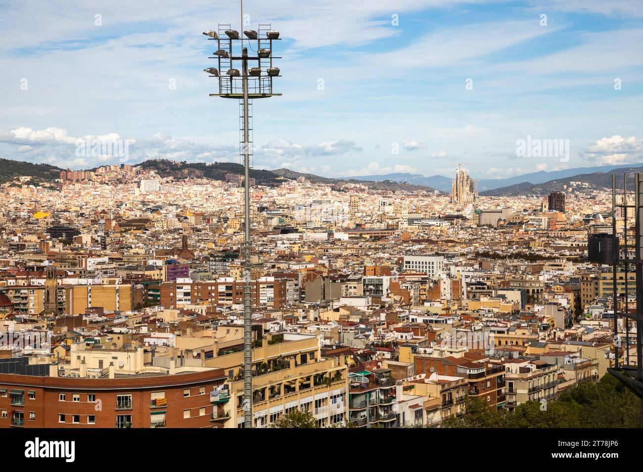 View across Barcelona from the top of The Funicular railway Montjuïc ...