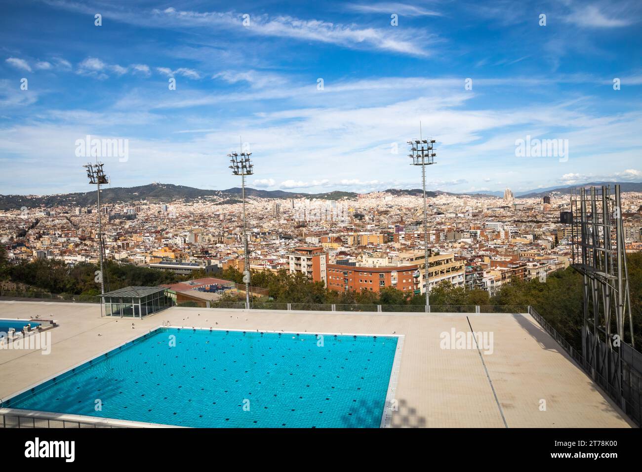 View across Barcelona from the top of The Funicular railway Montjuïc ...