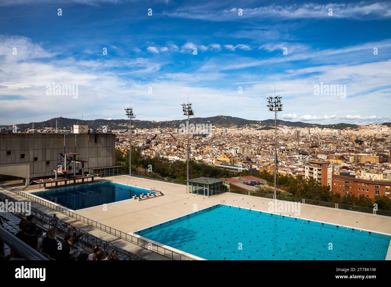 View across Barcelona from the top of The Funicular railway Montjuïc ...