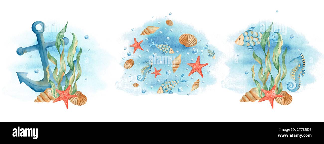 Set of watercolor underwater compositions with cute fishes, shells and ...