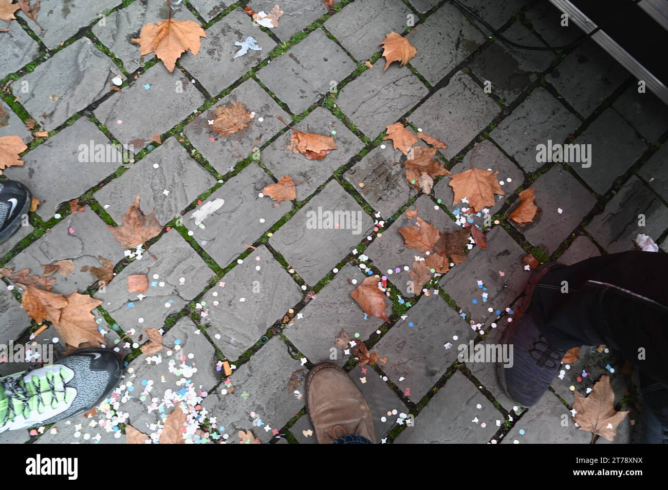 Herbst, Blätter, Konfetti und Abfall auf Pflastersteinen *** Autumn ...