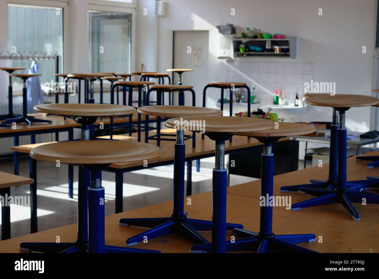 Classroom With Chairs On Table Stock Photo - Alamy