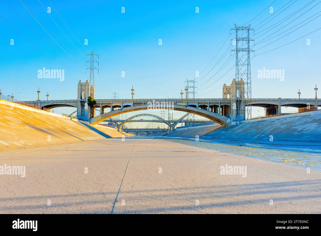 The 6th Street Bridge over the LA River and the web of power lines as ...