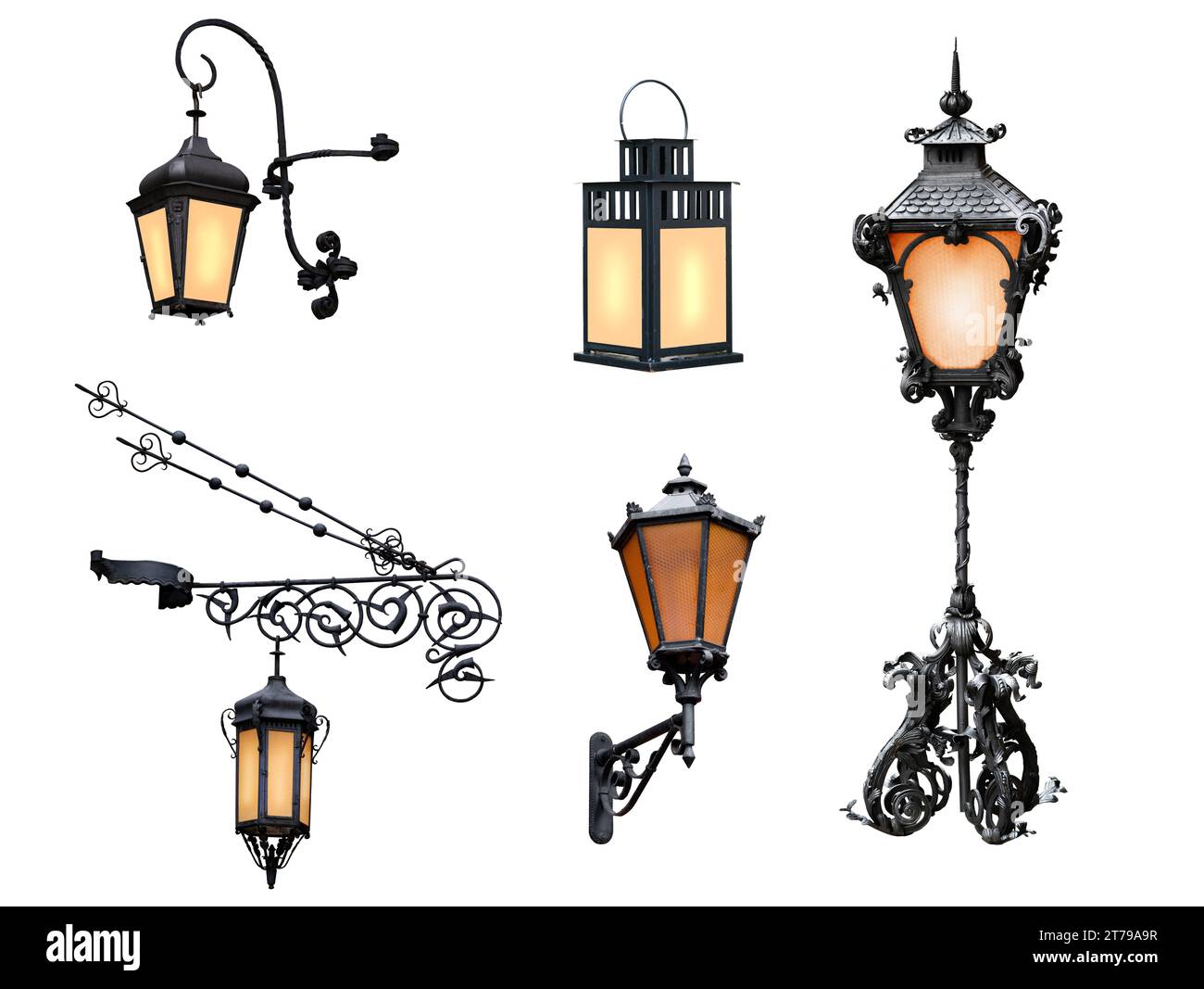 collage vintage street night lamp isolated on white background Stock ...
