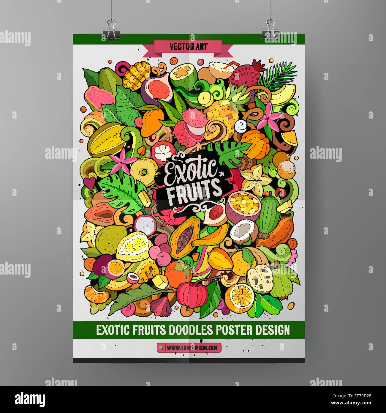 Cartoon vector doodle Exotic Fruits poster template. Corporate identity ...