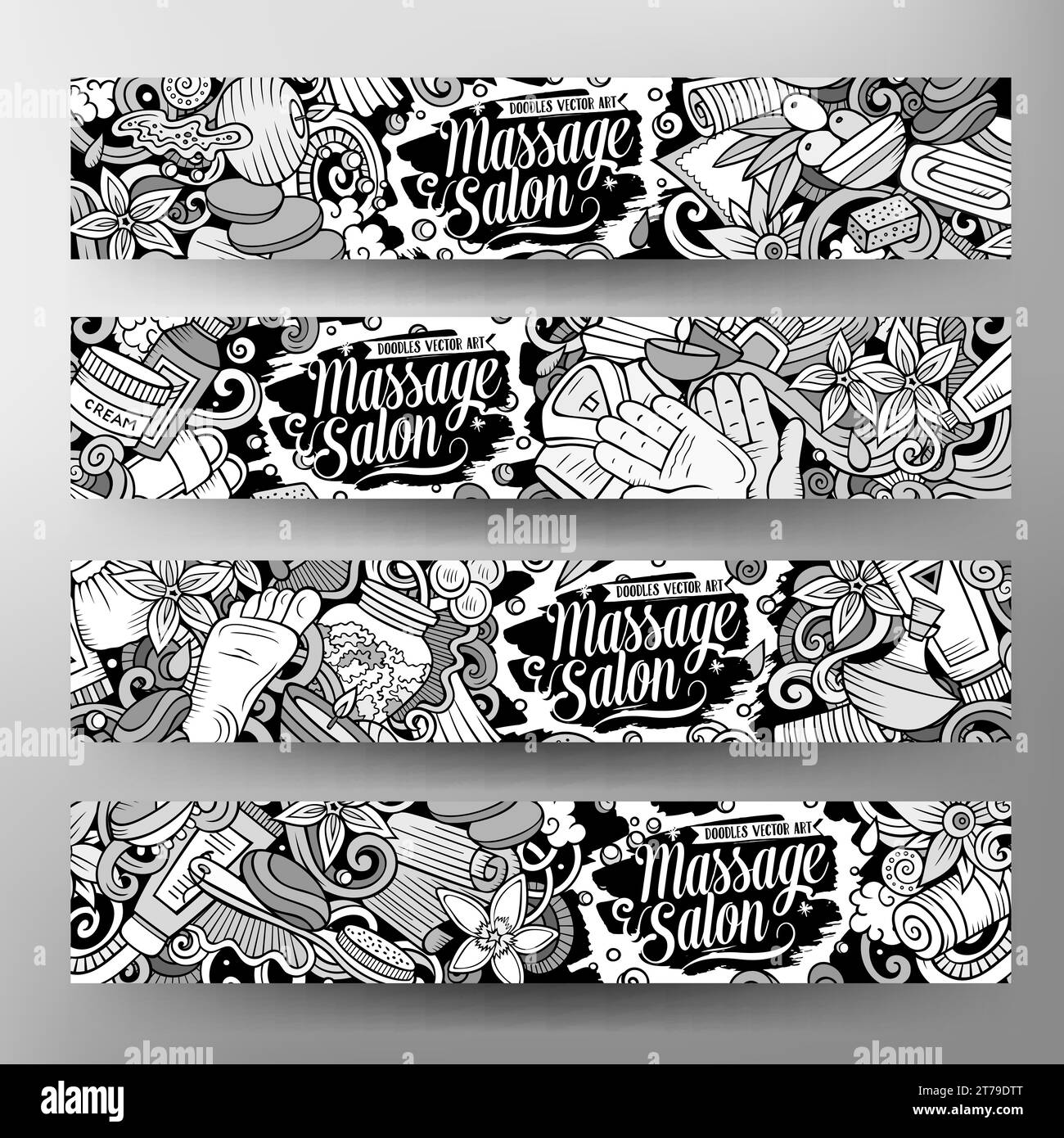 Massage doodle banners set. Cartoon detailed flyers. Spa center ...