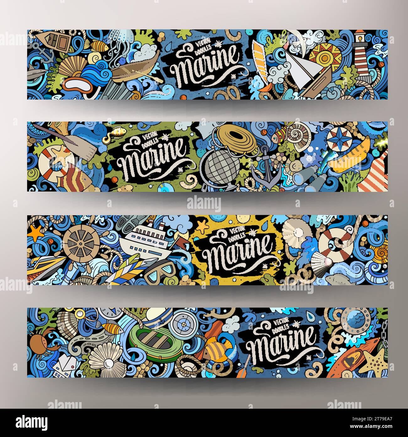Cartoon cute colorful vector doodles Marine corporate identity. 4 ...
