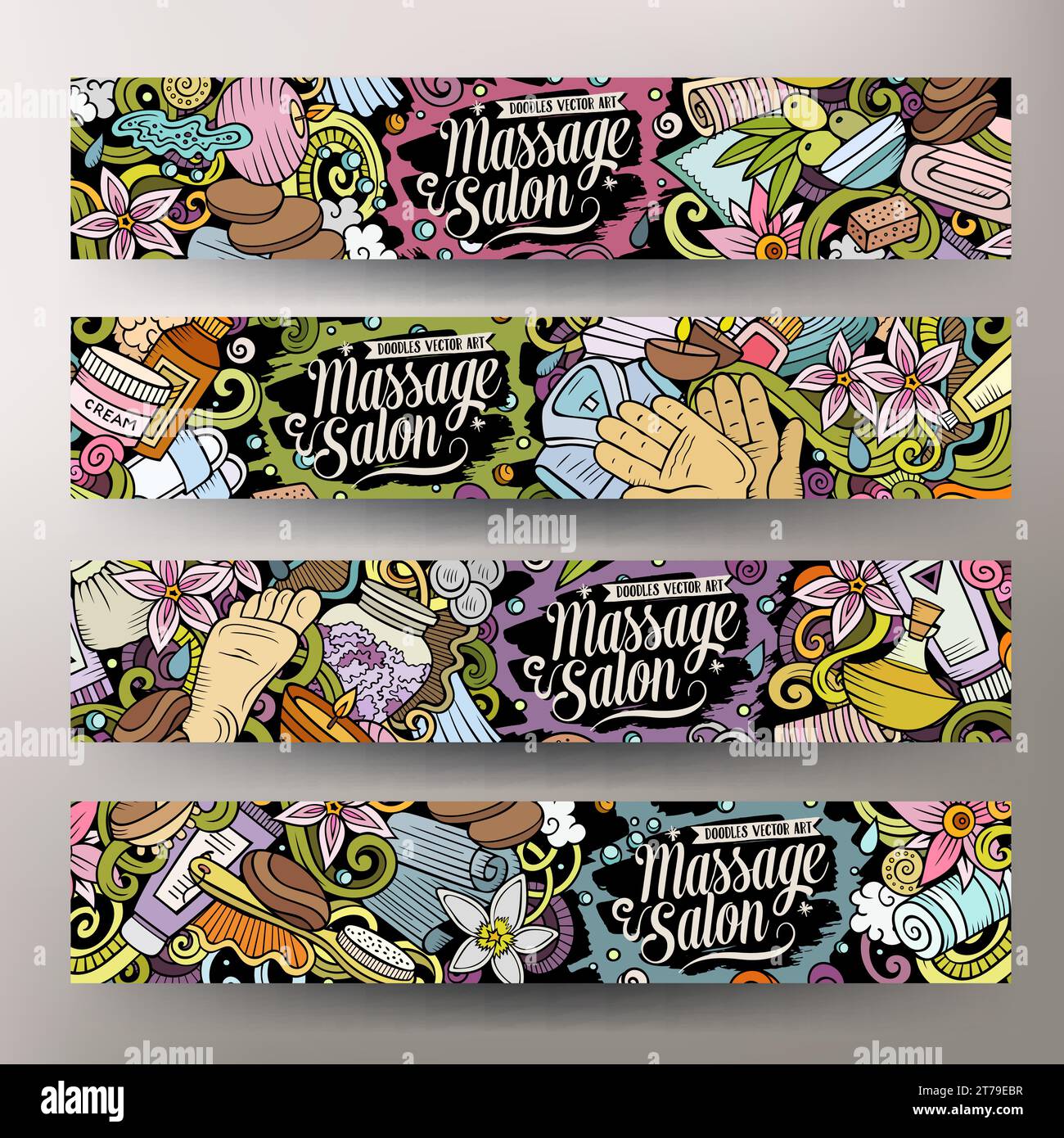 Massage doodle banners set. Cartoon detailed flyers. Spa center identity with objects and ...
