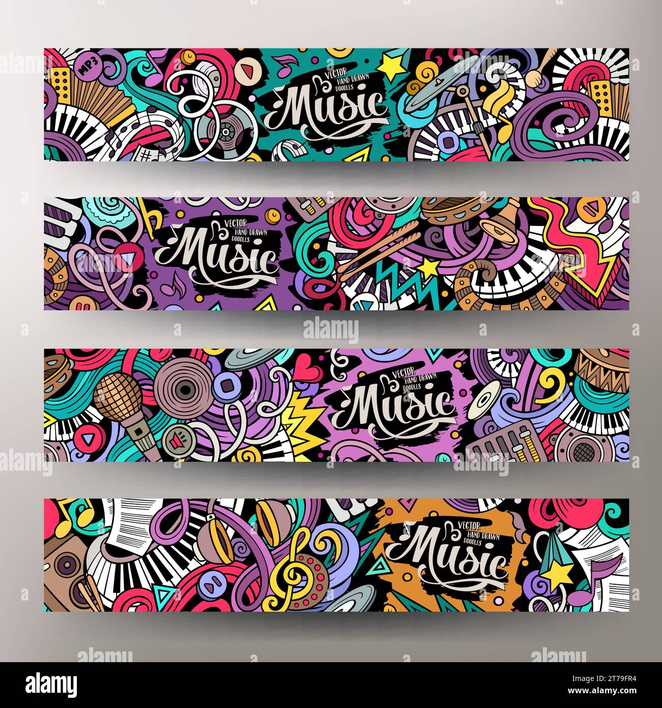 Cartoon cute doodles Music horizontal banners set Stock Vector Image ...