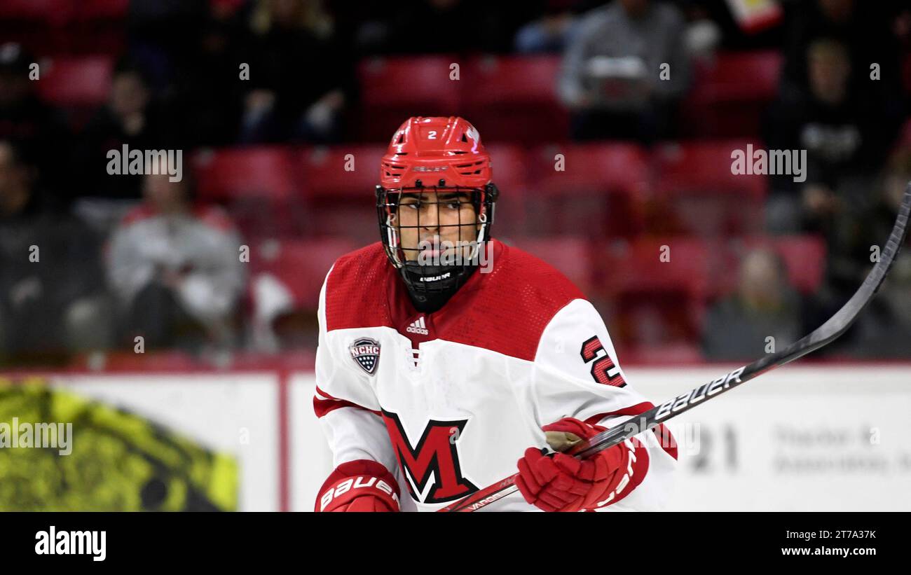 Miami defenseman Spencer Cox (2) during an NCAA hockey game against ...