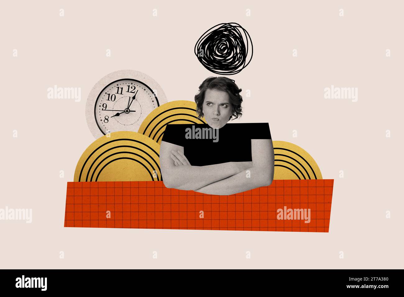 Picture image collage of angry furious unsatisfied woman sitting in ...