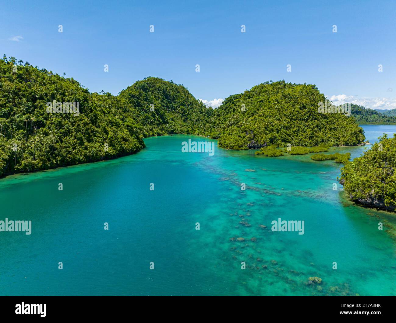Aerial view of beautiful turquoise water in lagoons. Blue skies and ...