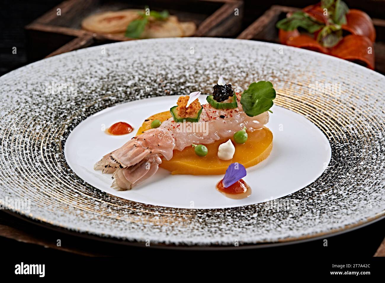 New Zealand SCAMPI CONFIT CAVIAR，PURPLE CARROT，SOURCREAM Stock Photo ...