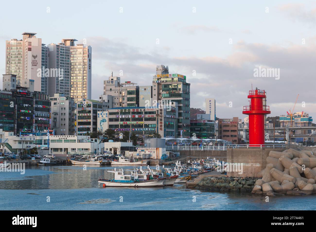 Busan, South Korea - March 16, 2018: Red lighthouse tower stands at the ...