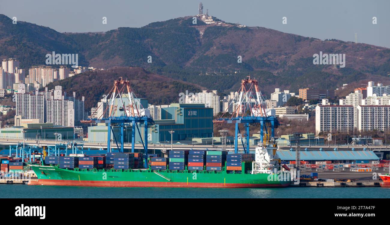 Busan, South Korea - March 22, 2018: Interasia Progress container ship ...