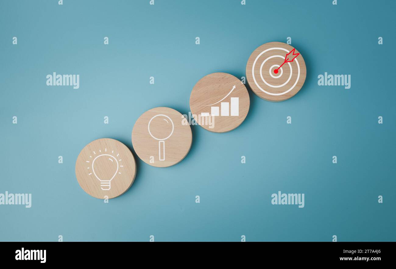 Circle wooden board with business symbol icons It represents the ...