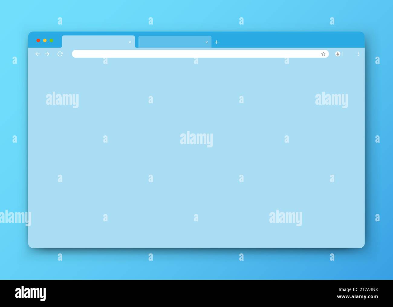 An empty blue browser window on a blue background. Website layout with search bar, toolbar and ...