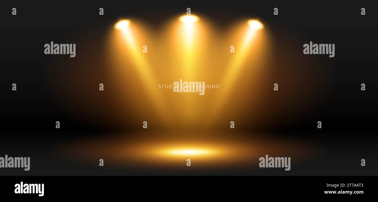Lighting of the stage with three yellow beams of spotlights on a black ...