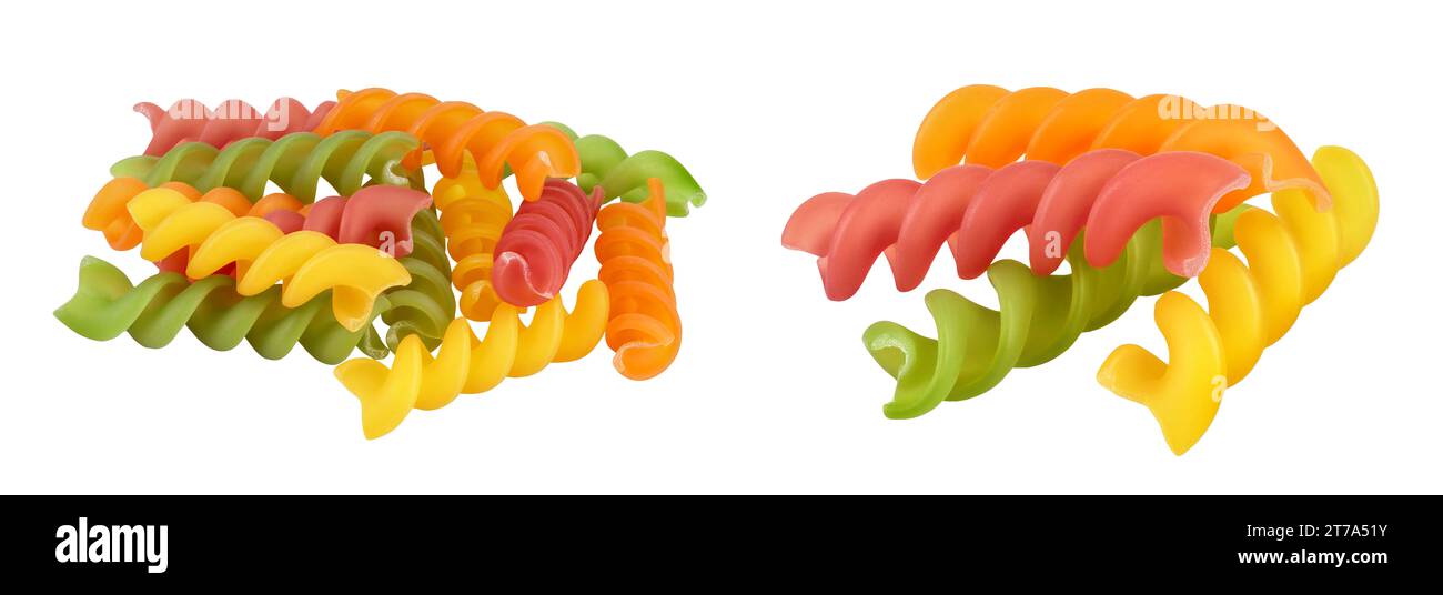 raw Fusilli colored pasta, isolated on white background with full depth ...