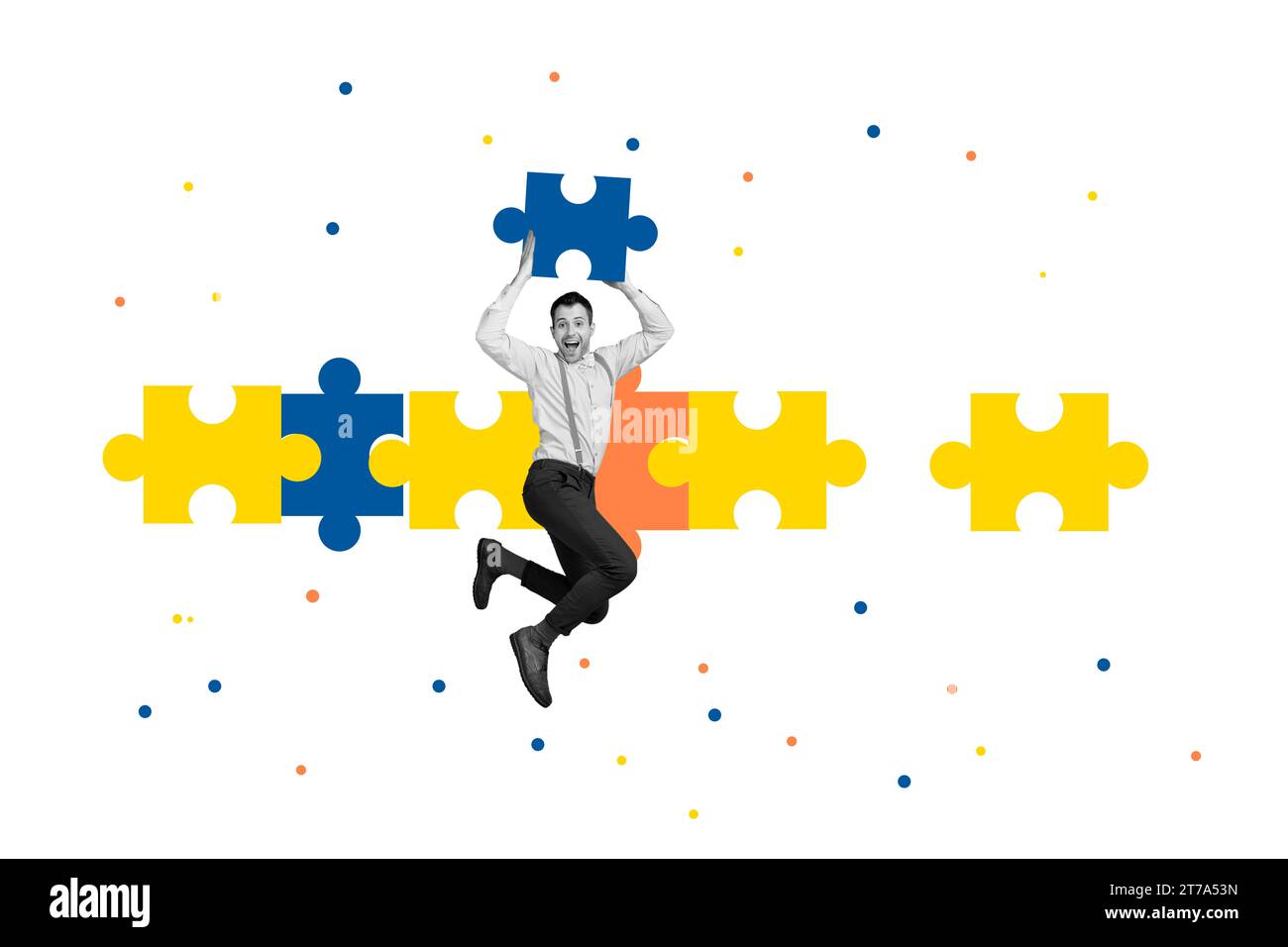 Collage picture of excited mini black white colors guy jumping arms ...