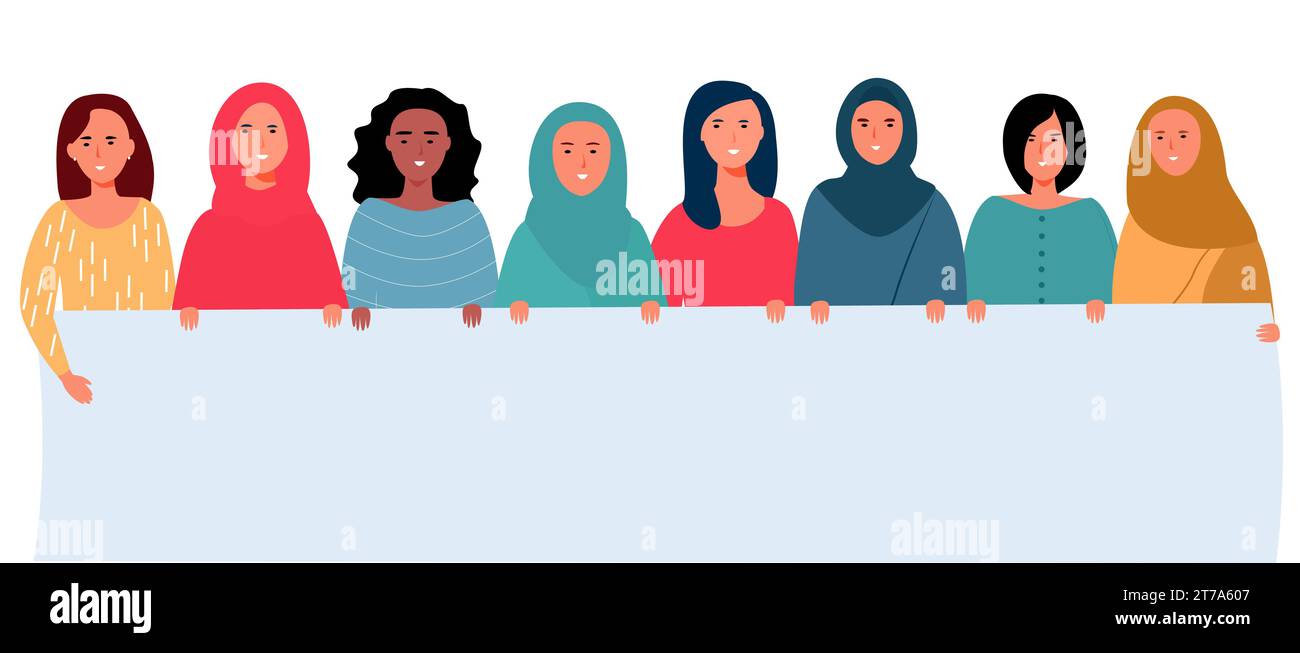 Cartoon international women holding a poster together. Flat vector ...