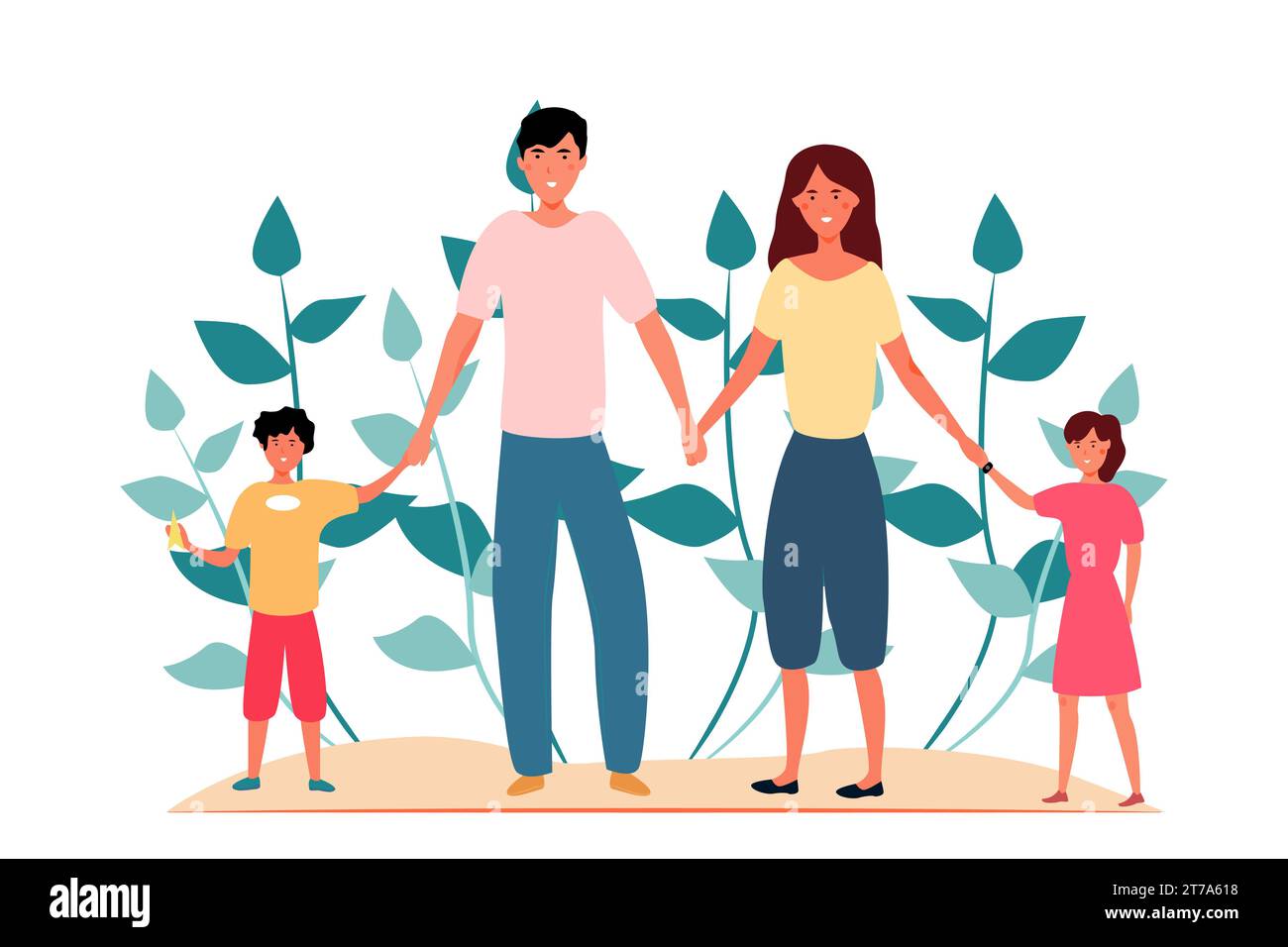 Portrait of a young family that walks in nature. Flat vector ...