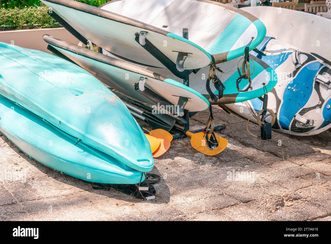 Storage of rental stand up paddle boards and kayaks at beach hotel ...