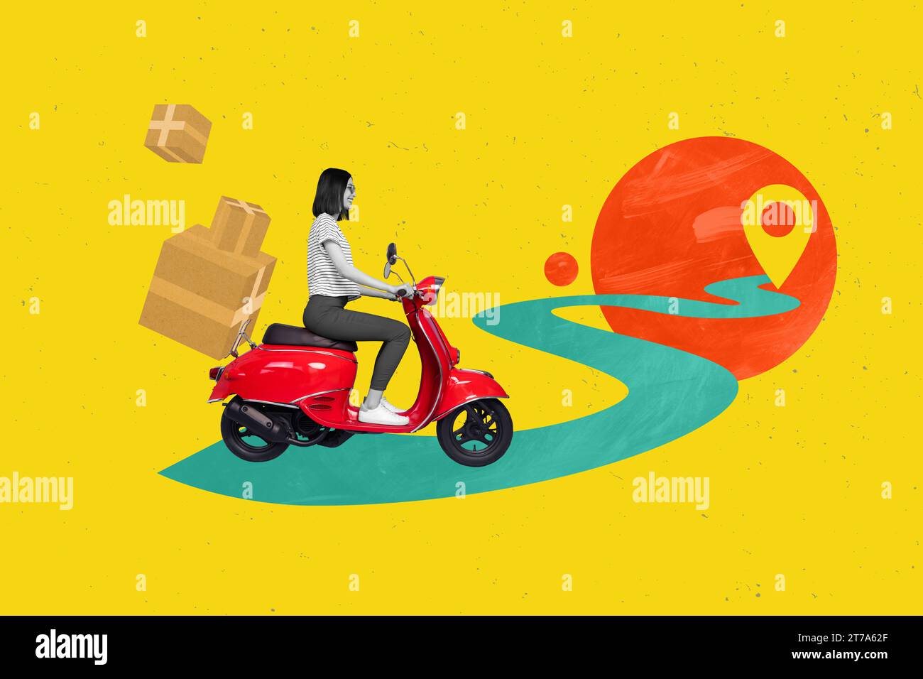 Collage illustration courier scooter drive woman moving new address ...