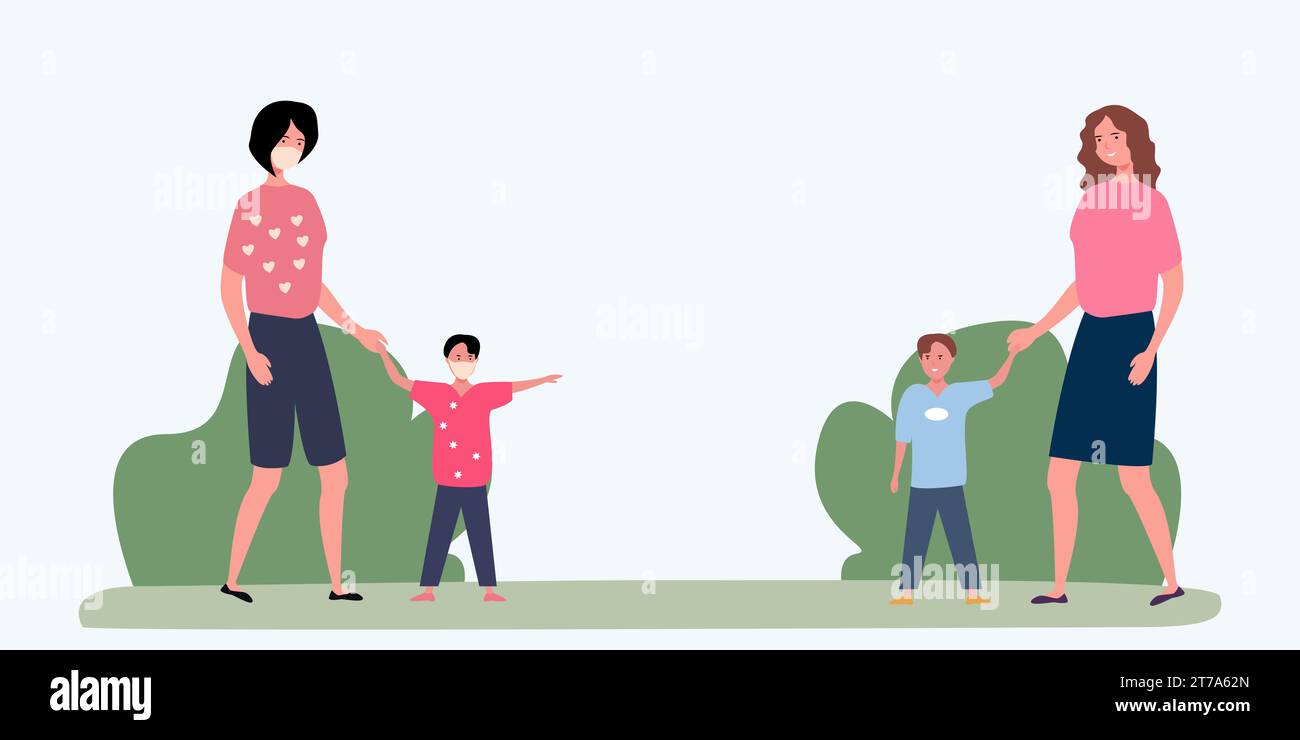 Family walk weekend mask on a white background. Cartoon mom and son are ...