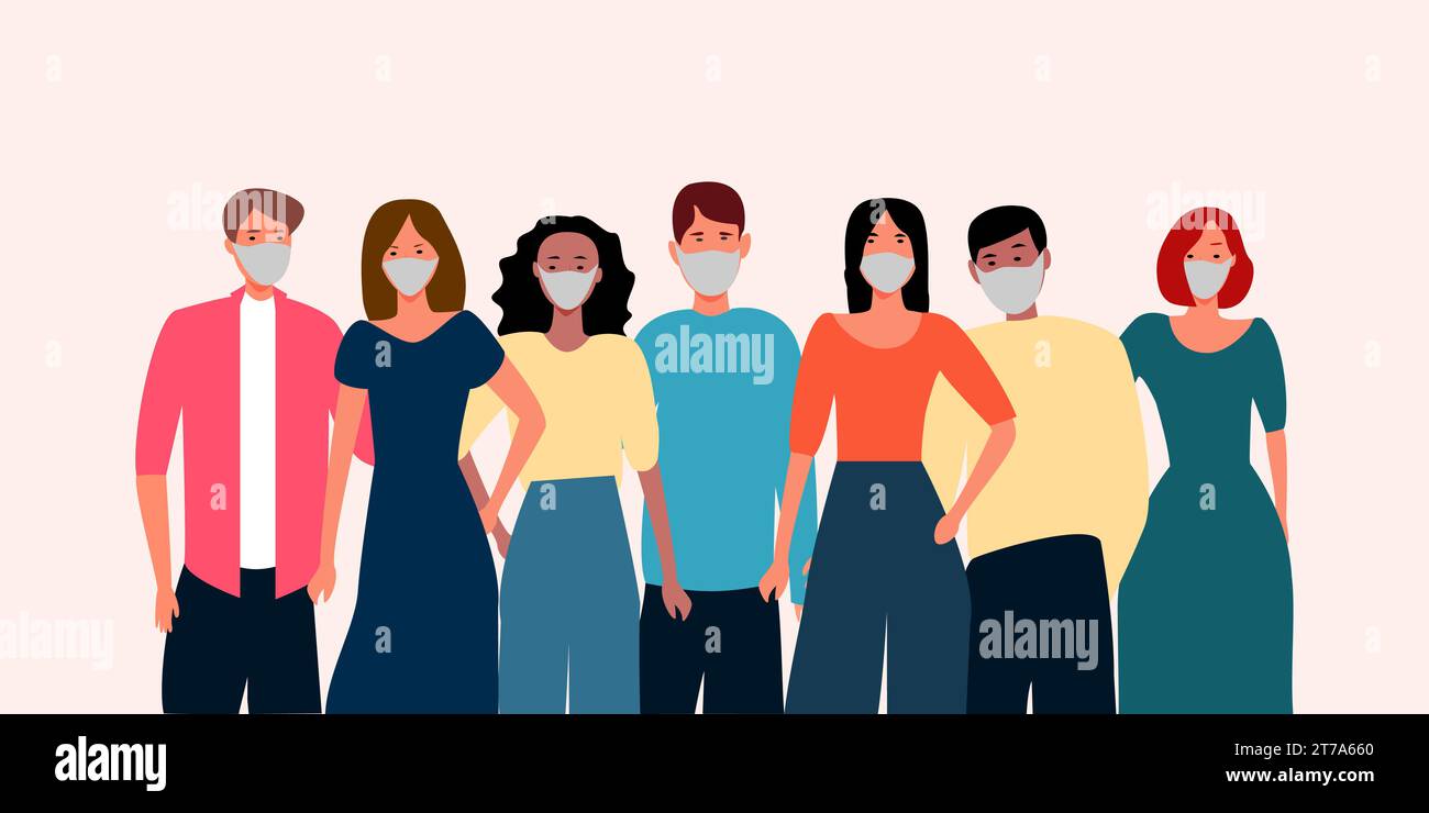 Beautiful flat illustration with cartoon young men women quarantine masks. Vector illustration ...